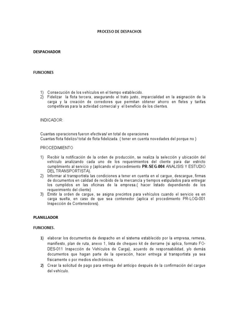 Borrador Proceso de Despachos | PDF | Business | Economias