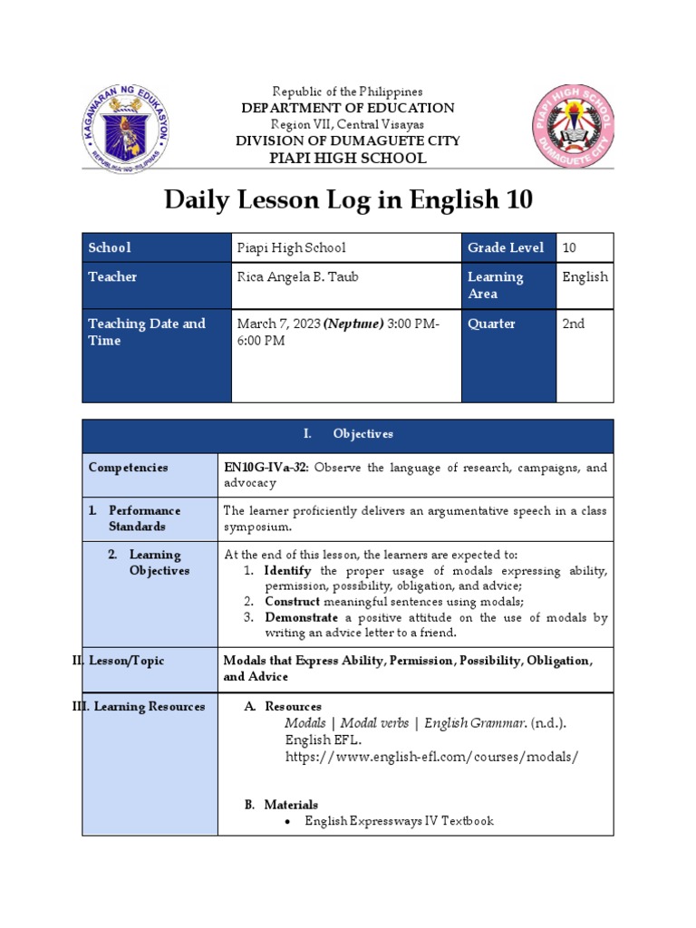 Grade 10 Lesson Plan 1 Modals Taub Rica Angela B | PDF