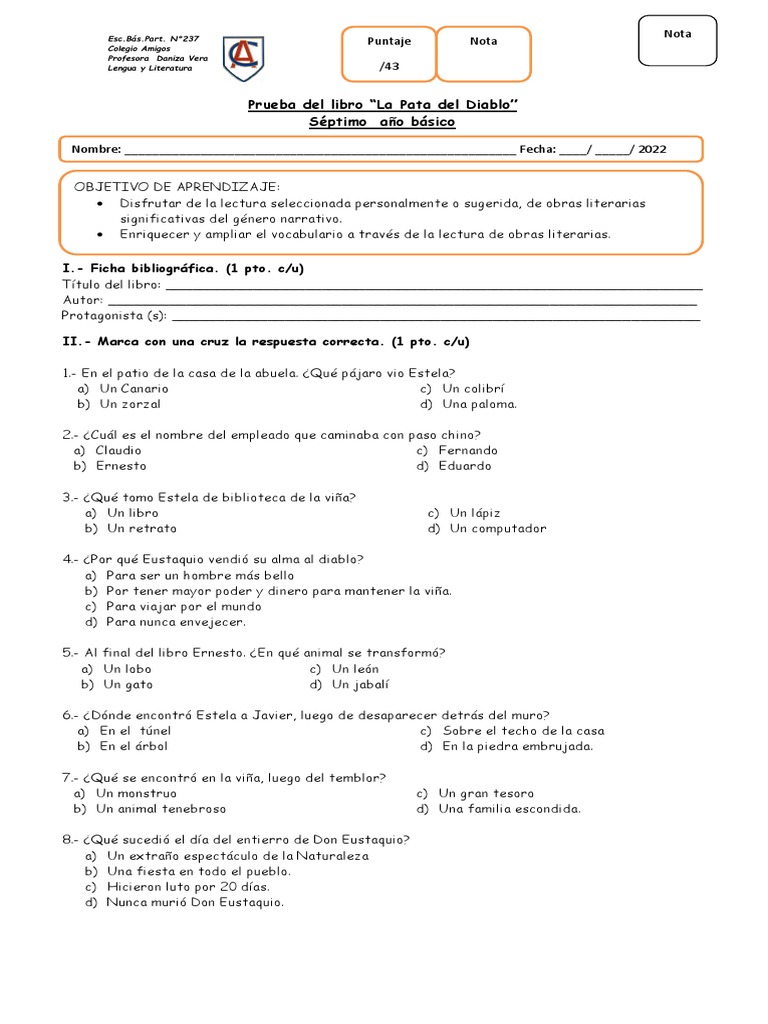 Prueba La Pata Del Diablo 7° Básico 09-05 | PDF