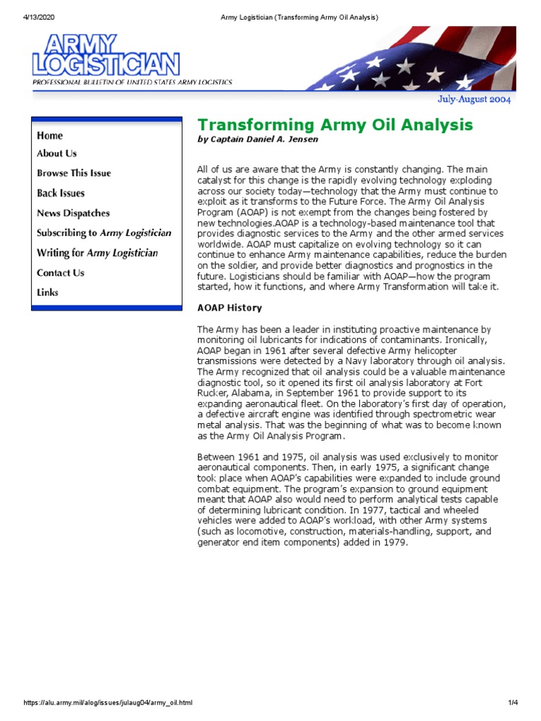 Army Logistician (Transforming Army Oil Analysis) | PDF