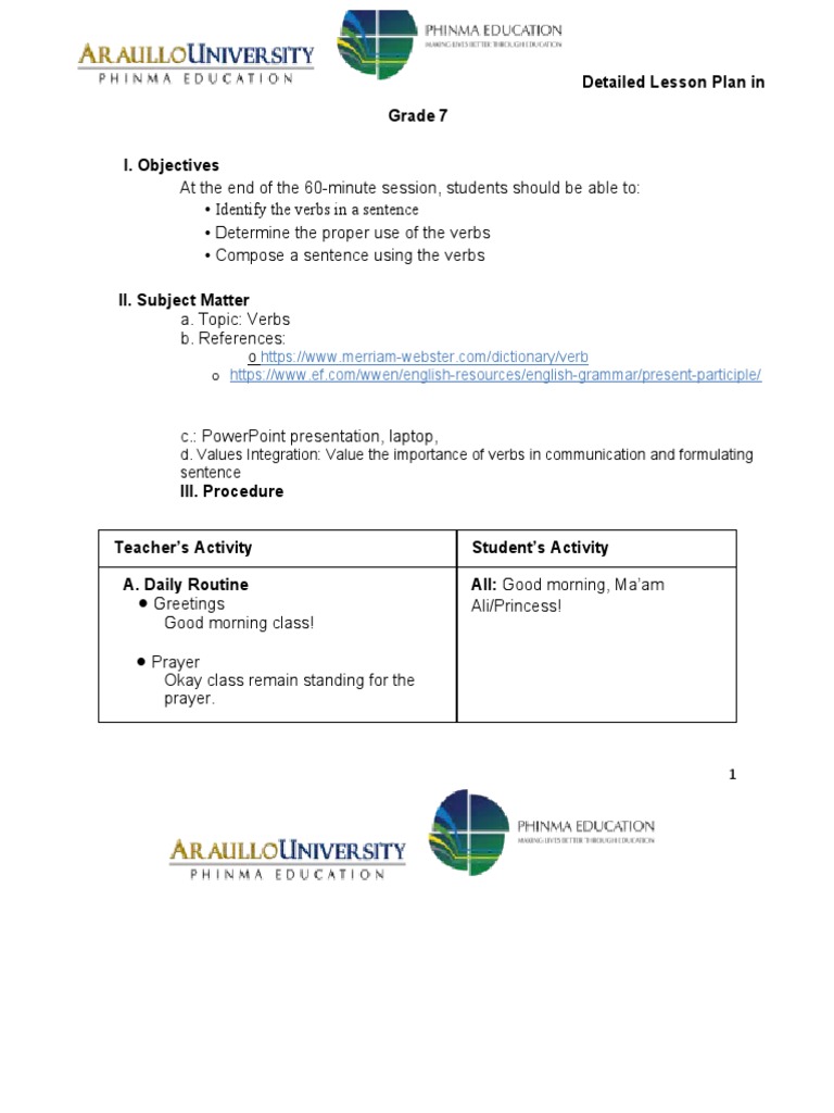Detailed Lesson Plan | PDF | Verb | Cognitive Science