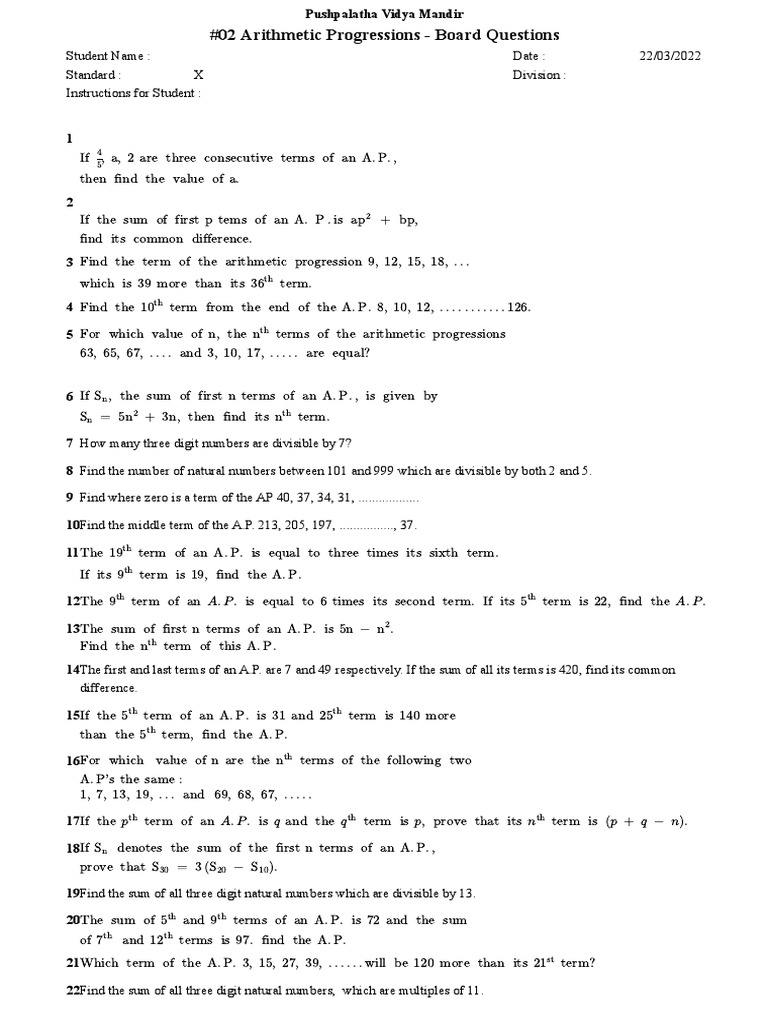 #02 Arithmetic Progressions - Board Questions | PDF | Elementary ...