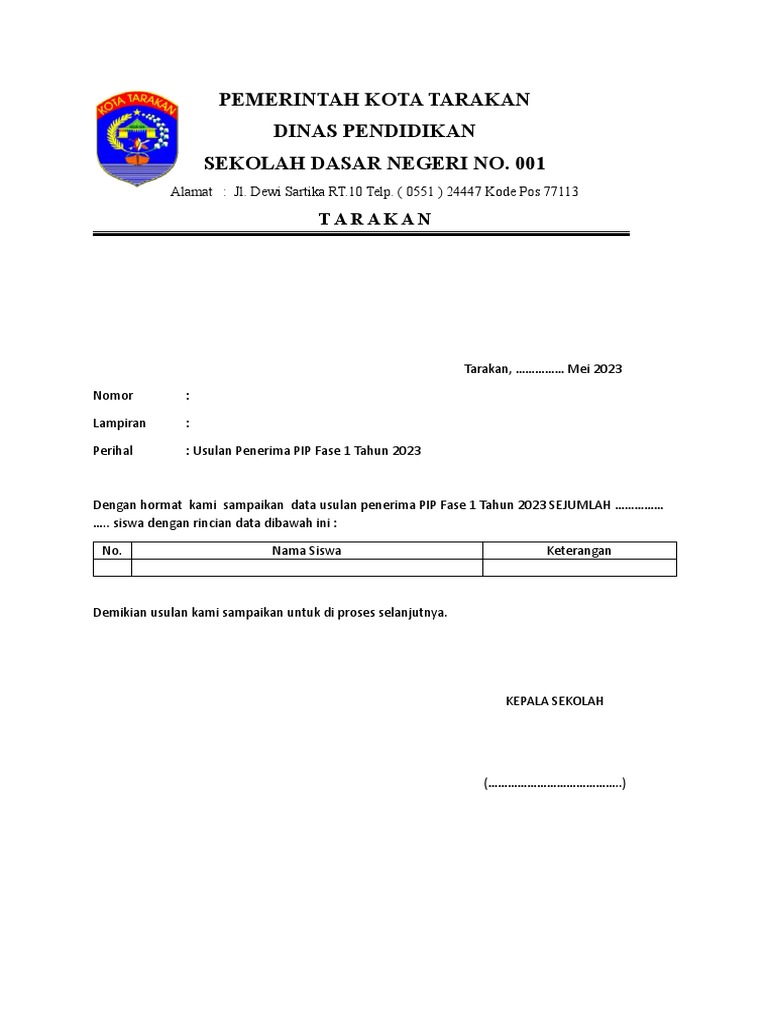 Format Surat Usulan Pip Fase 1 Kota Tarakan | PDF