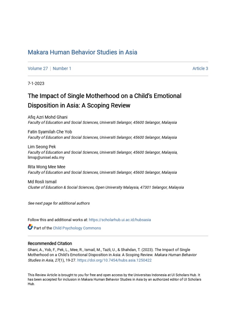 The Impact of Single Motherhood On Child - S Emotional Disposition | PDF | Single Parent | Parenting