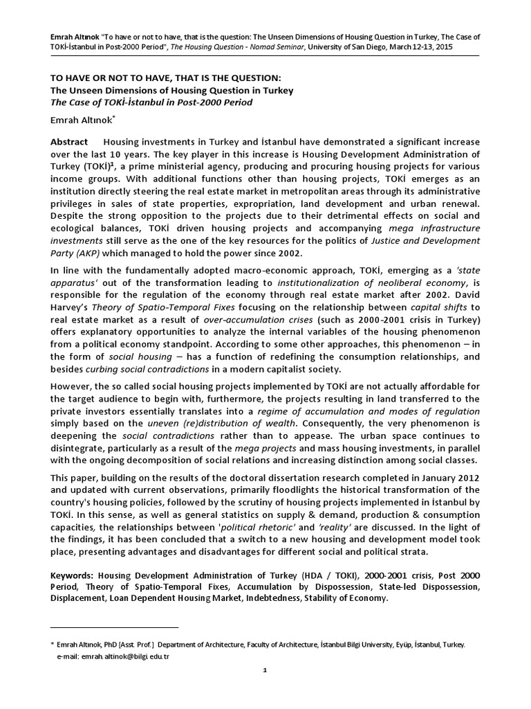 ALTINOK E 2015 Unseen Dimensions of Housing Question PDF | PDF ...