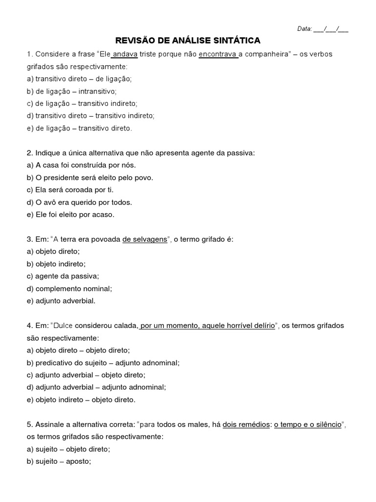 Análise sintática - Revisão de questões sobre funções sintáticas | PDF ...
