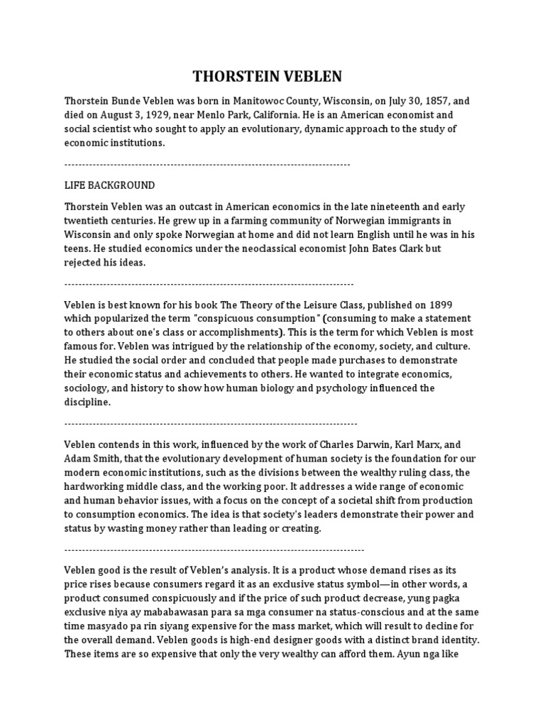 Thorstein Veblen | PDF | Thorstein Veblen | The Theory Of The Leisure Class