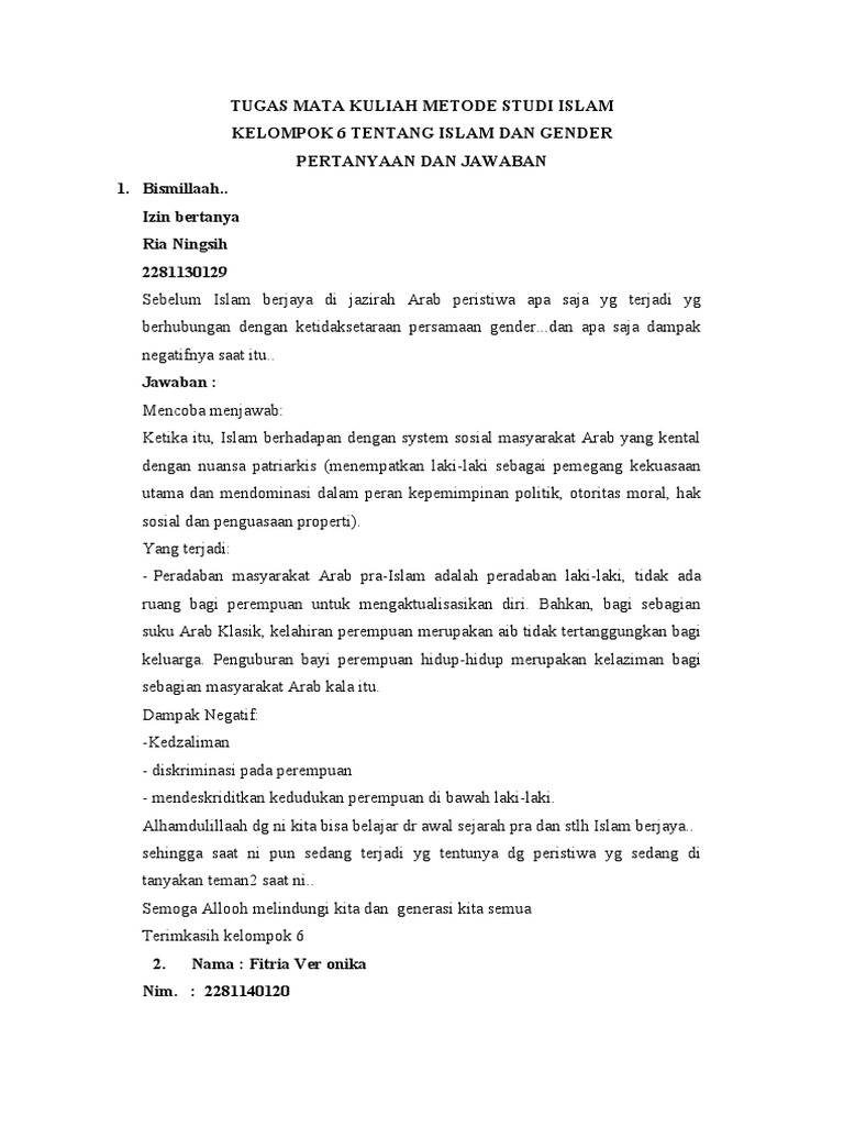 Resume Pertanyaan Dan Jawaban-Tugas MSI-Kelompok 6-Tentang Islam Dan Gender | PDF