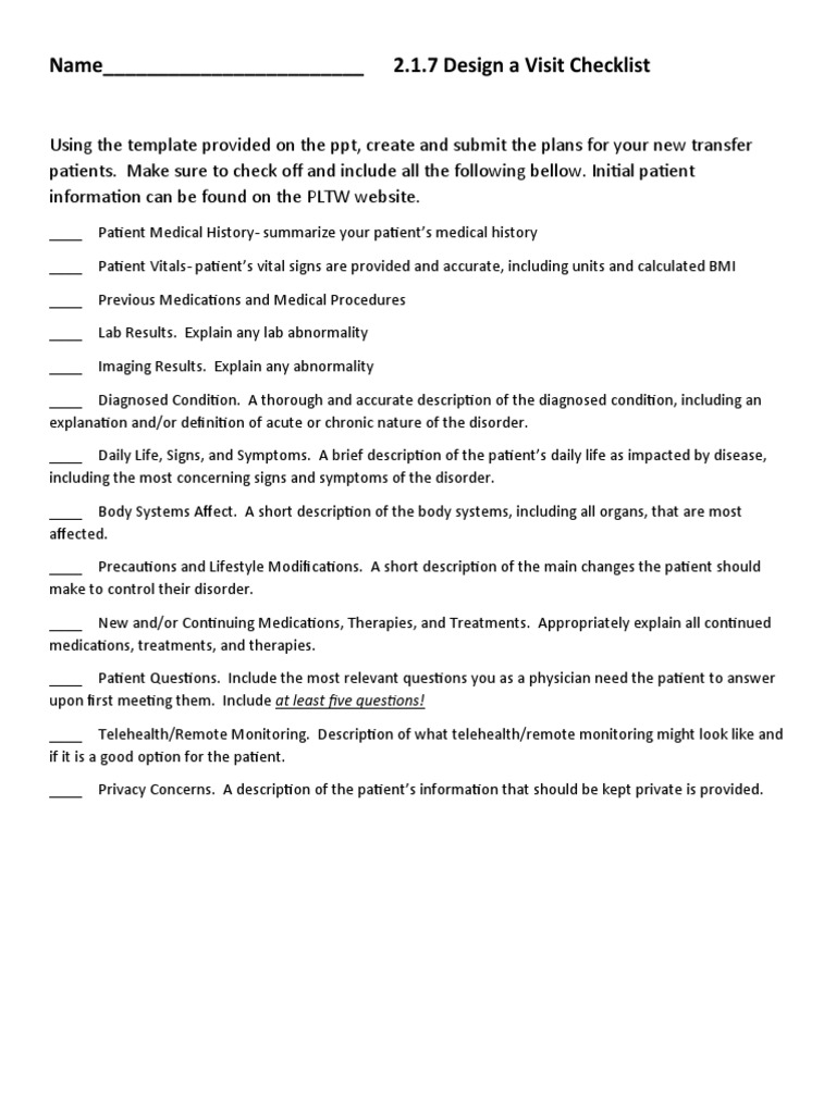 PLTW 2.1.7 Transfer Patient Checklist 22-23 | PDF