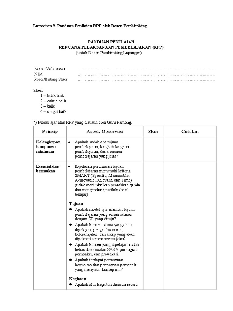 Lampiran 9 - Contoh Panduan Penilaian RPP Oleh Dosen Pembimbing | PDF