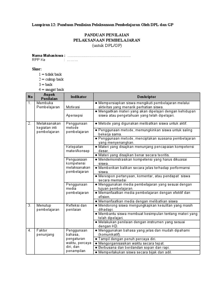 Lampiran 12 - Contoh Panduan Penilaian Pelaksanaan Pembelajaran Oleh DPL Dan GP | PDF