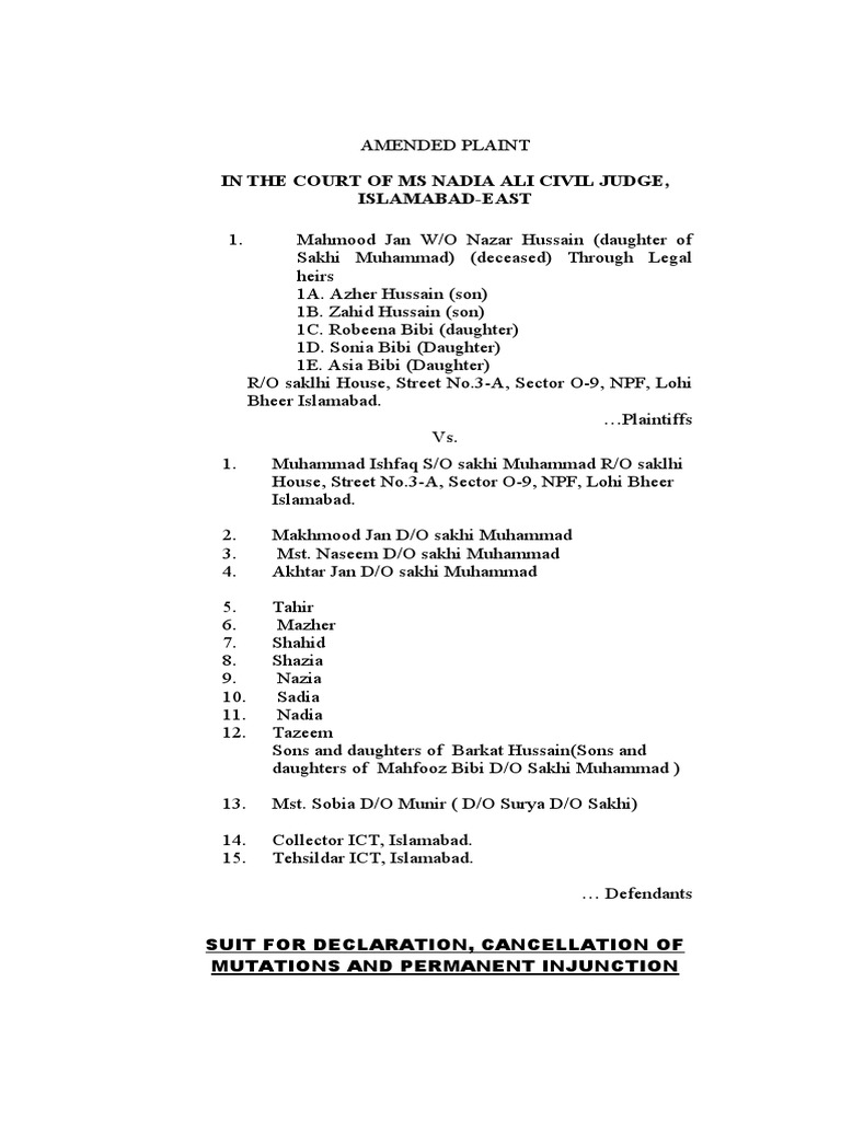 SUIT FOR DECLARATION CANCELLATION OF MUTATIONS AND PERMANENT INJUNCTION ...