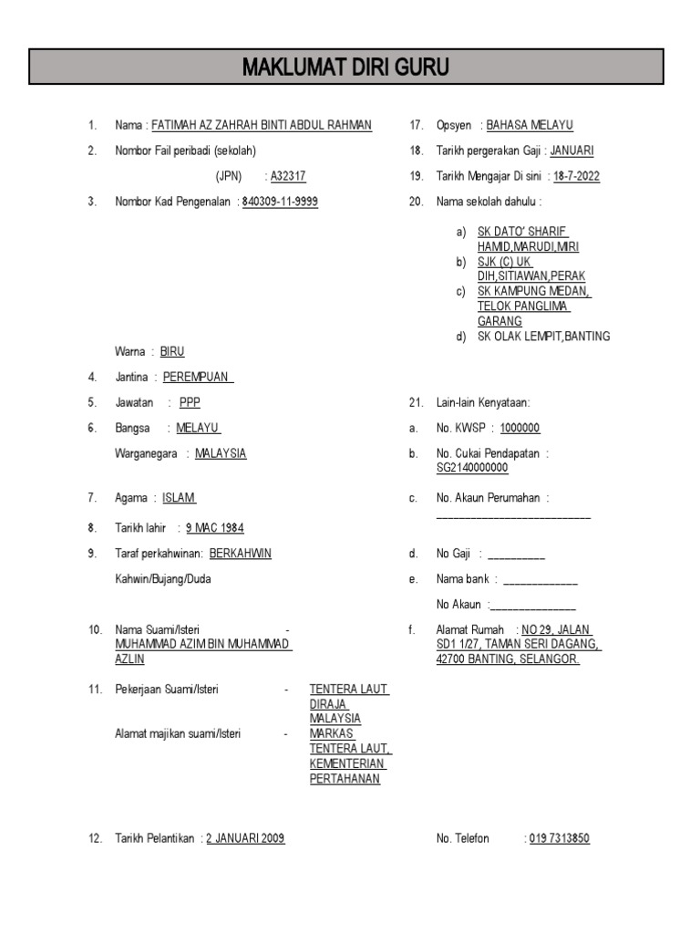 Maklumat Diri Guru - Template 2 | PDF