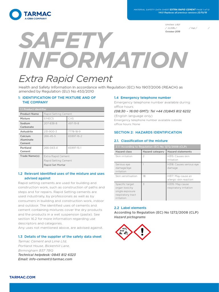 Extra Rapid Cement Msds 231018b | PDF | Cement | Concrete
