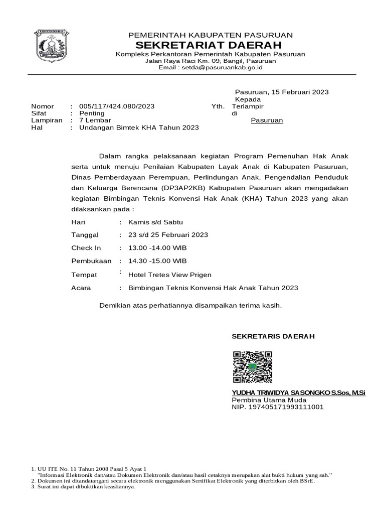 Surat Undangan Bimtek Konvensi Hak Anak Tahun 2023 PDF | PDF