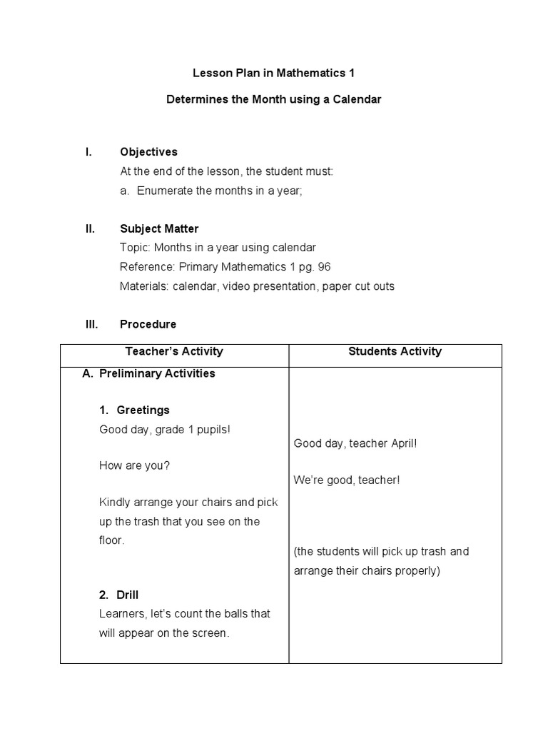 Lesson Plan in Mathematics 1 | PDF