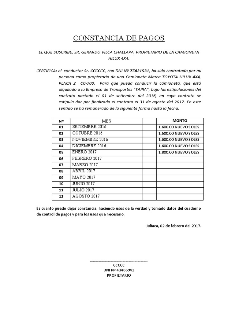 Constancia de Pagos - Chofer | PDF