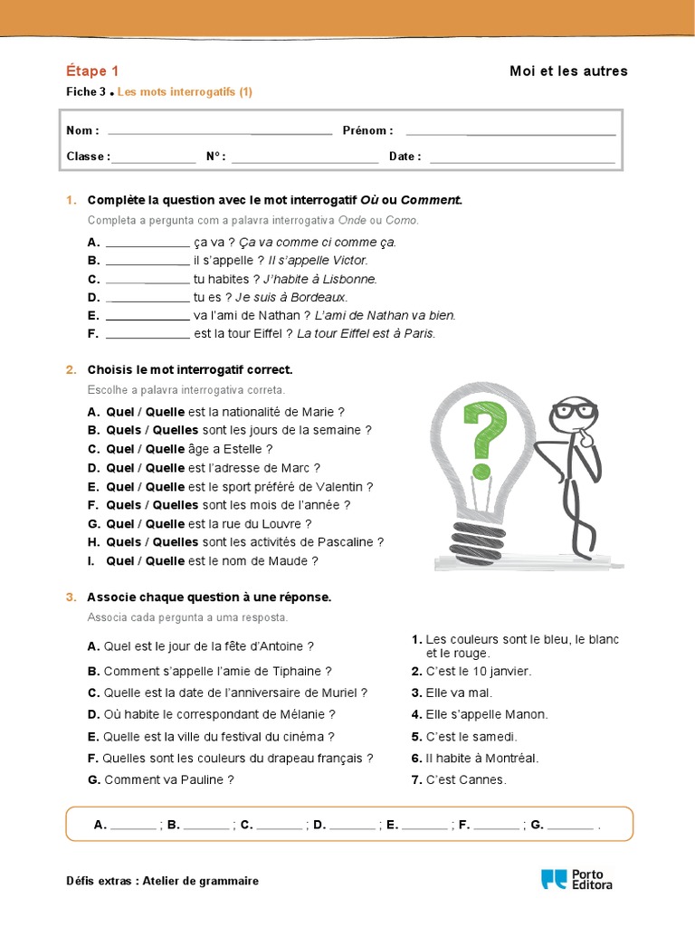 Deff7 Extras Fiche de Travail 3 Les Mots Interrogatifs | PDF