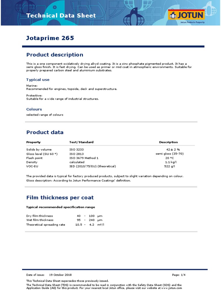 Technical Data Sheet for Jotaprime 265, a One Component Oxidatively Drying Alkyd Coating for ...