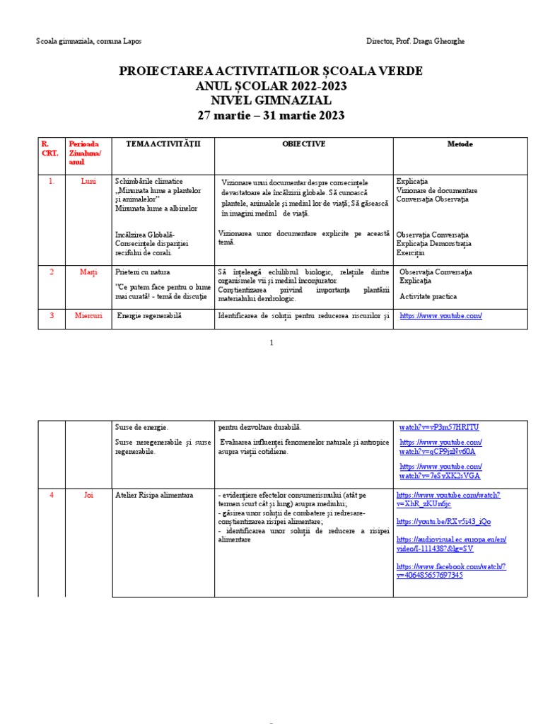 Planificare Scoala Verde-Gimnaziu | PDF