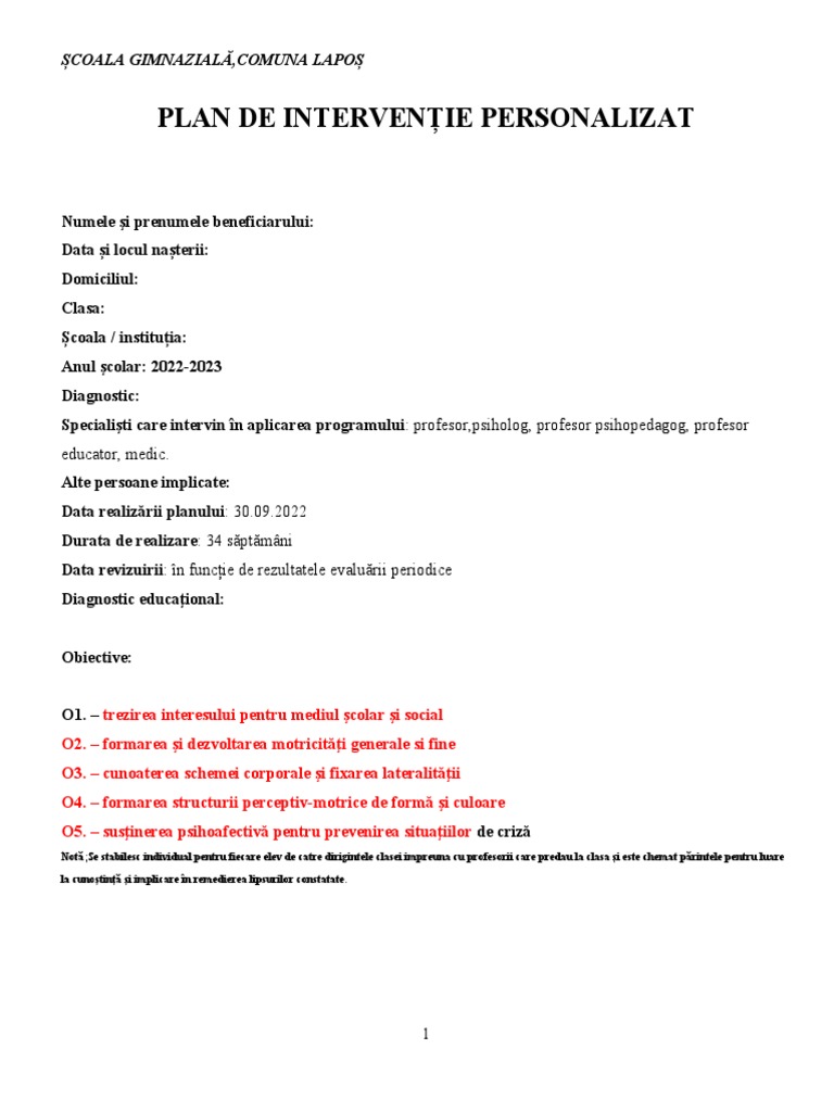 Plan de Intervenie Personalizat Pnras | PDF