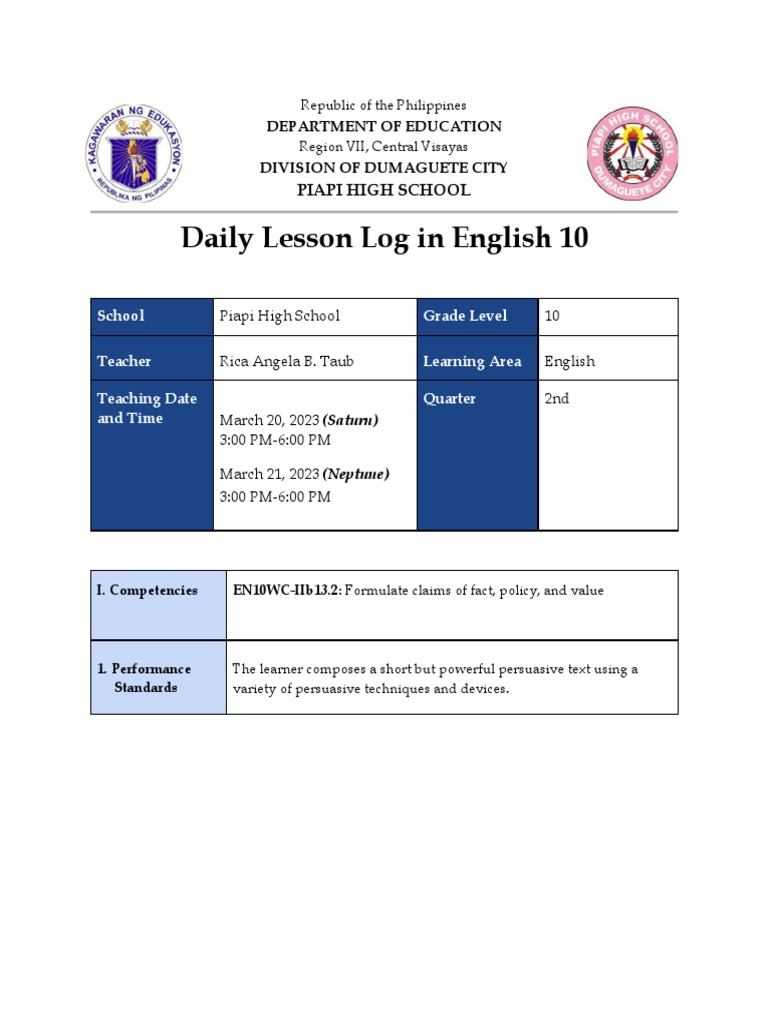 English 10 Lesson Plan 3 Types of Claims Taub Rica Angela B | PDF