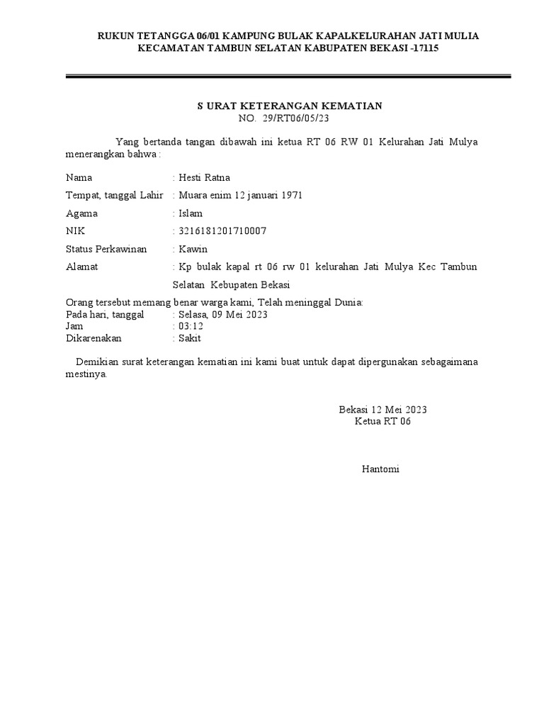 Surat Keterangan Kematian DR RT | PDF