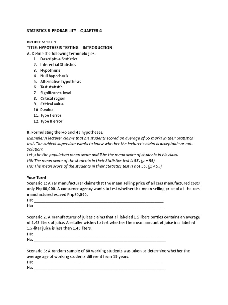 4TH QTR Problem Sets 1 3 | PDF | P Value | Scientific Theories