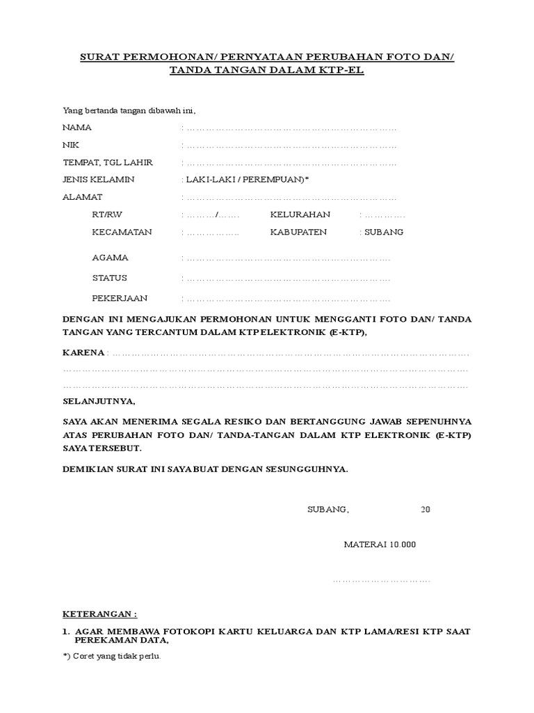 Surat Pernyataan Permohonan Perubahan TTD Dan Foto E-Ktp | PDF | Griya & Taman | Teknologi ...