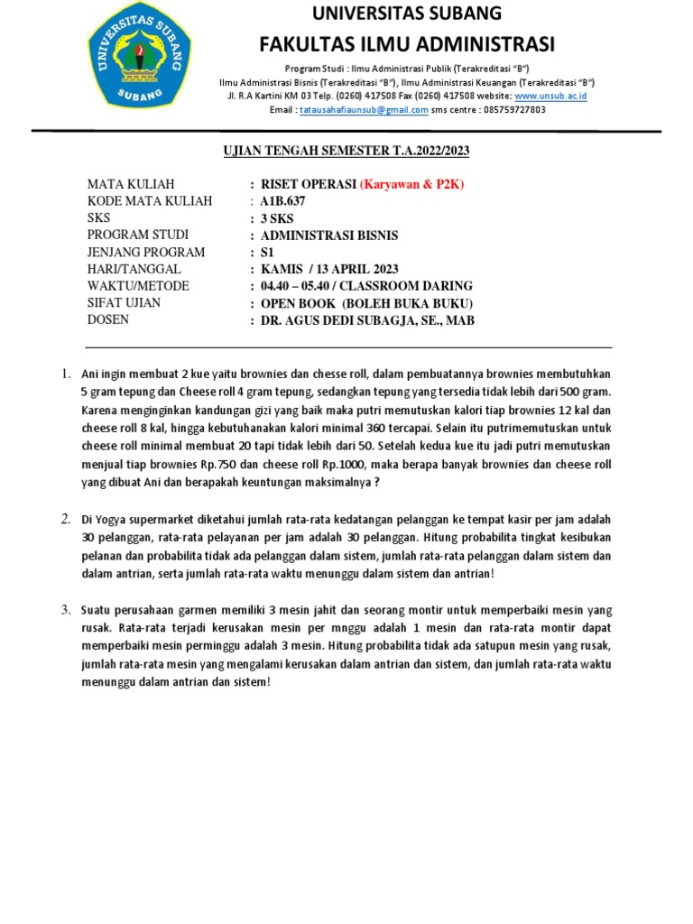 UTS Riset Oprasi (Devi Intan Melinda-A1B200407-Kary - Niaga) | PDF | Metode & Bahan Ajar