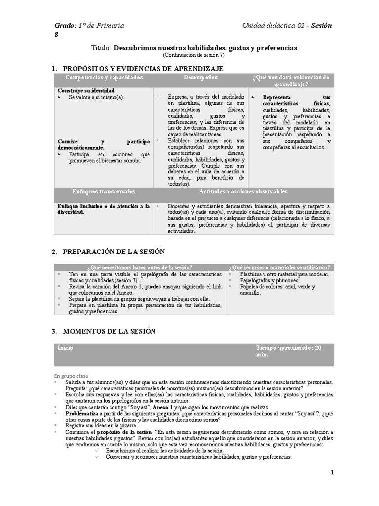 1°-PS-Descubrimos Nuestras Habilidades, Gustos y Preferencias | PDF | Aprendizaje