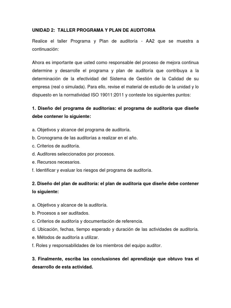 Taller Programa y Plan de Auditoria | PDF | Auditoría | Planificación