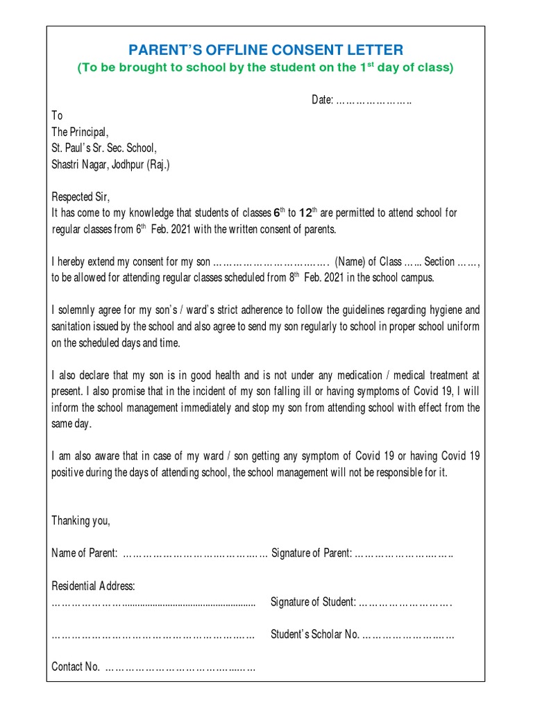 Parent Consent Letter for School Classes | PDF
