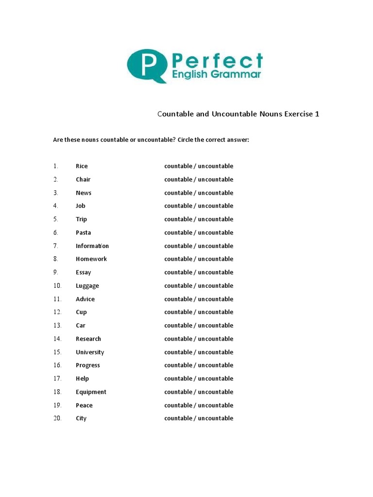 Countable And Uncountable Nouns Exercise Pdf English Language