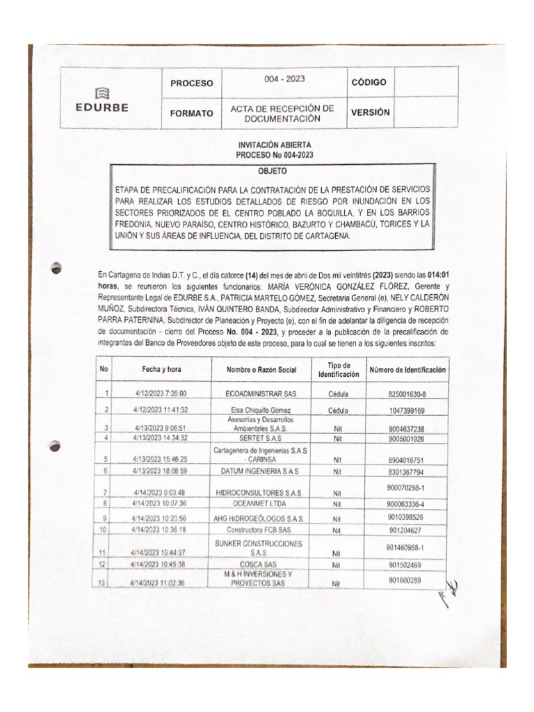 Acta de Recepcion de Documentos 004 2023 | PDF