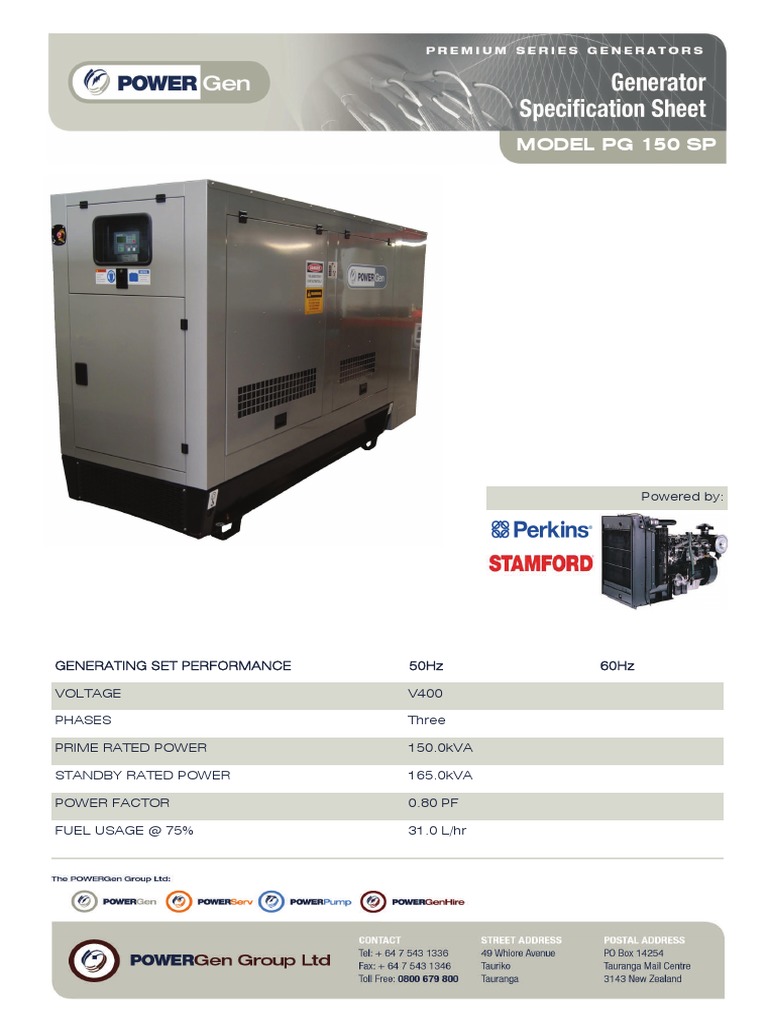pg150sp - Spec Sheet | PDF | Engines | Diesel Engine