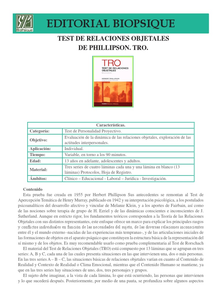 ATPP 4 Test de Relaciones Objetales de Phillipson TRO | PDF ...
