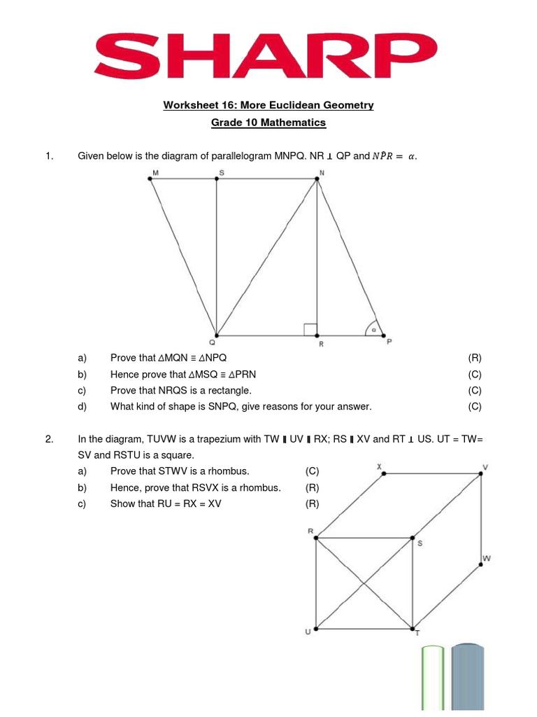 Grade 10 Euclidean Geometry Worksheet | PDF | Rectangle | Geometric Objects