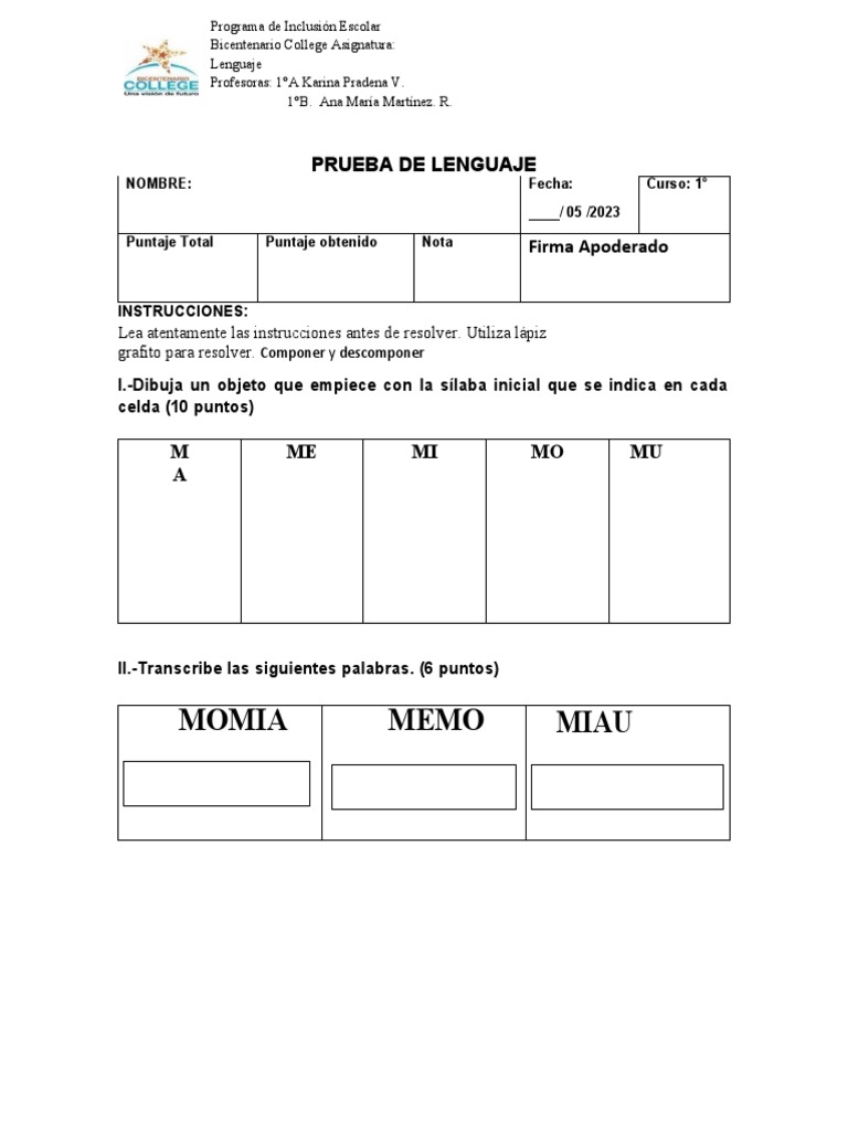 1° Prueba de Lenguaje M, L, P, S (1) Mayo Primero A | PDF