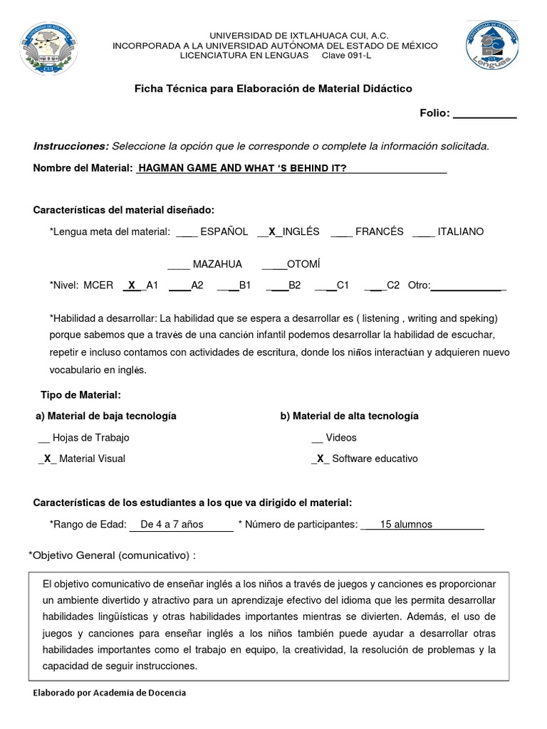 Borrador Ficha Tecnica de Material Didactico PDF | PDF | Enseñando | Educacion de idiomas