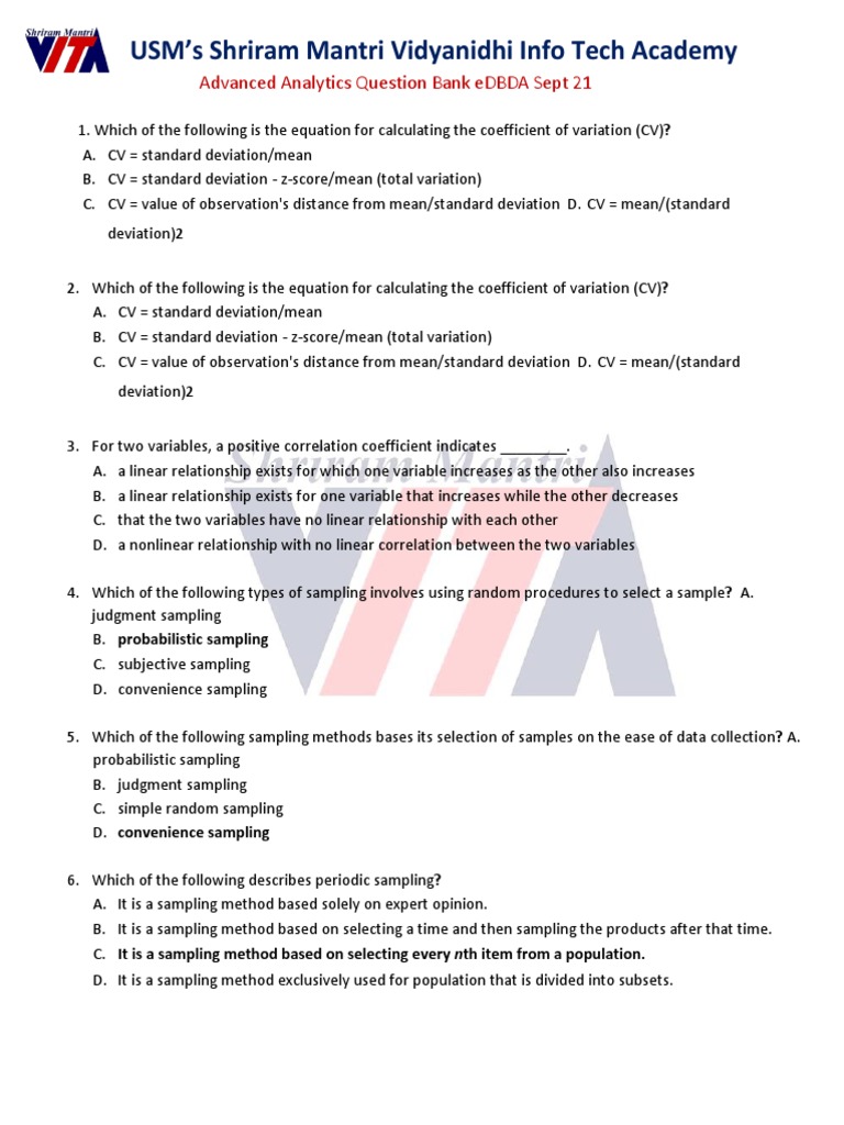 Question - Bank (MCQ) - Advance Analytics - Question Bank eDBDA Sept 21 | PDF | Estimator | Bias ...