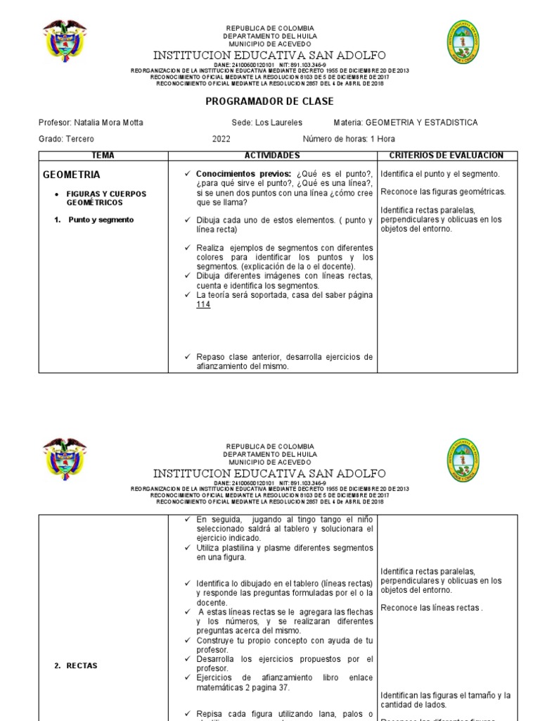 Programador de Clase Geometria y Estadistica Grado Segundo | PDF | Geometría | Matemáticas