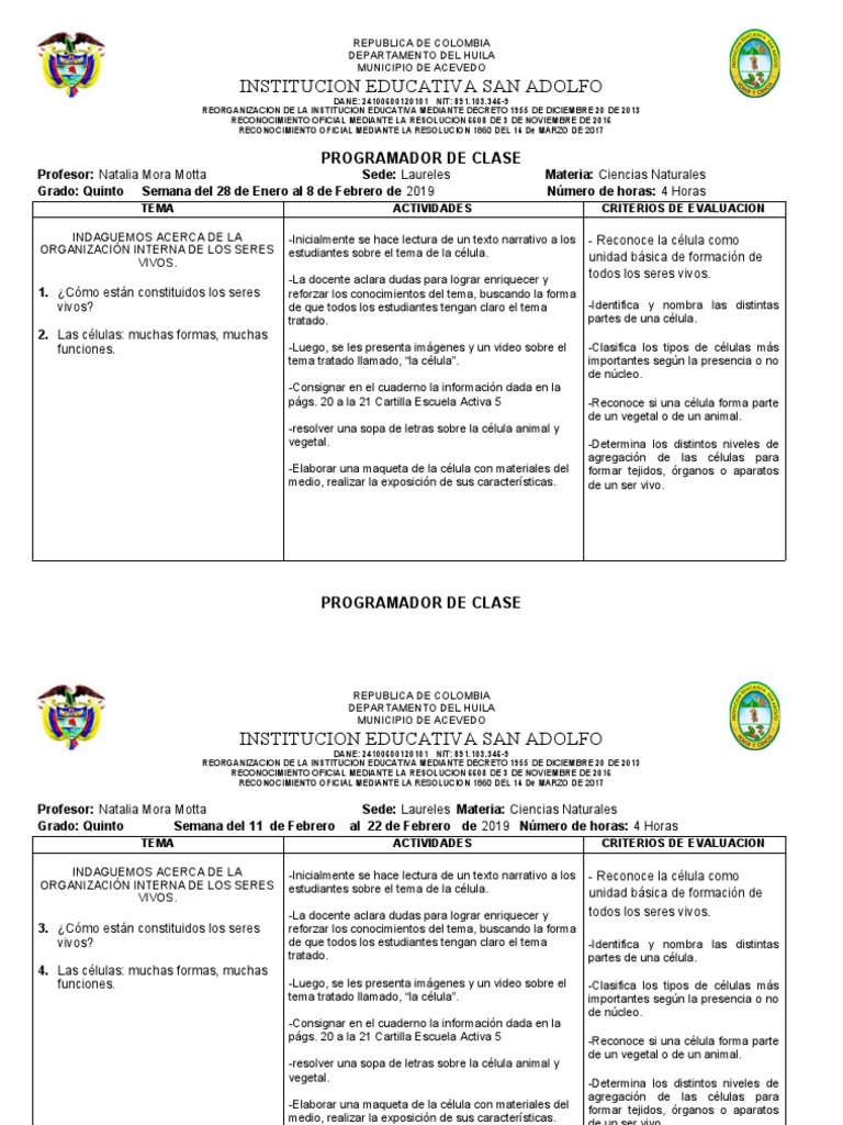 Programador de Clase Ciencias Naturales Grado Quinto | PDF | Sistema endocrino | Organismos