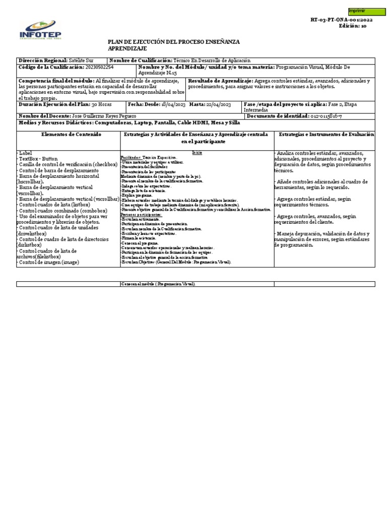 RT-03-PT-ONA-001 - Plan de Ejecucion | PDF | Evaluación | Programación de computadoras