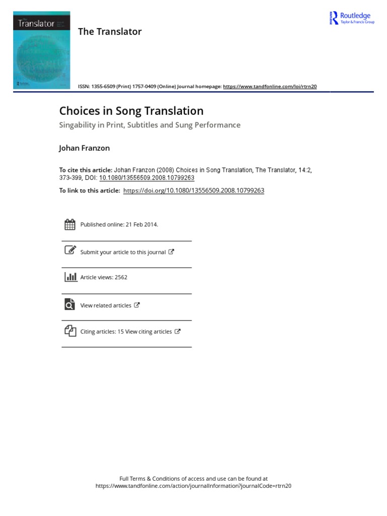 Franzon - Choices in Song Translation | PDF | Translations | Poetry
