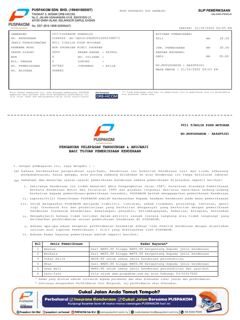 PUSPAKOM SDN. BHD. (199401000307) : 9011 T/Milik PSDN Motokar | PDF
