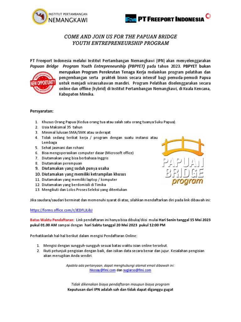 Pengumuman Penerimaan Papuan Bridge Program Youth Entrepreneurship ...