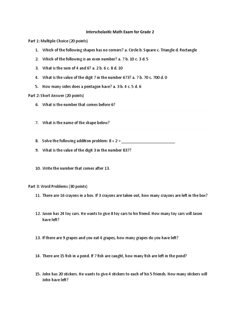 Interscholastic Math Exam For Grade 2 Part 3 | PDF | Teaching Methods ...