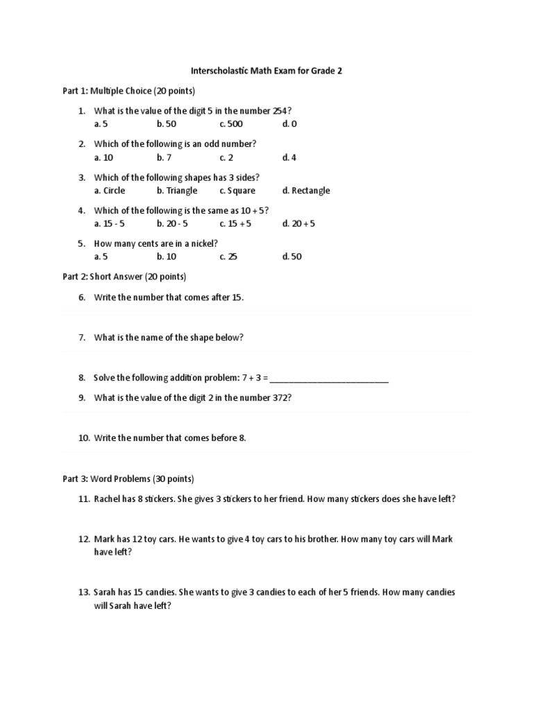 Interscholastic Math Exam For Grade 2 Part 5 | PDF