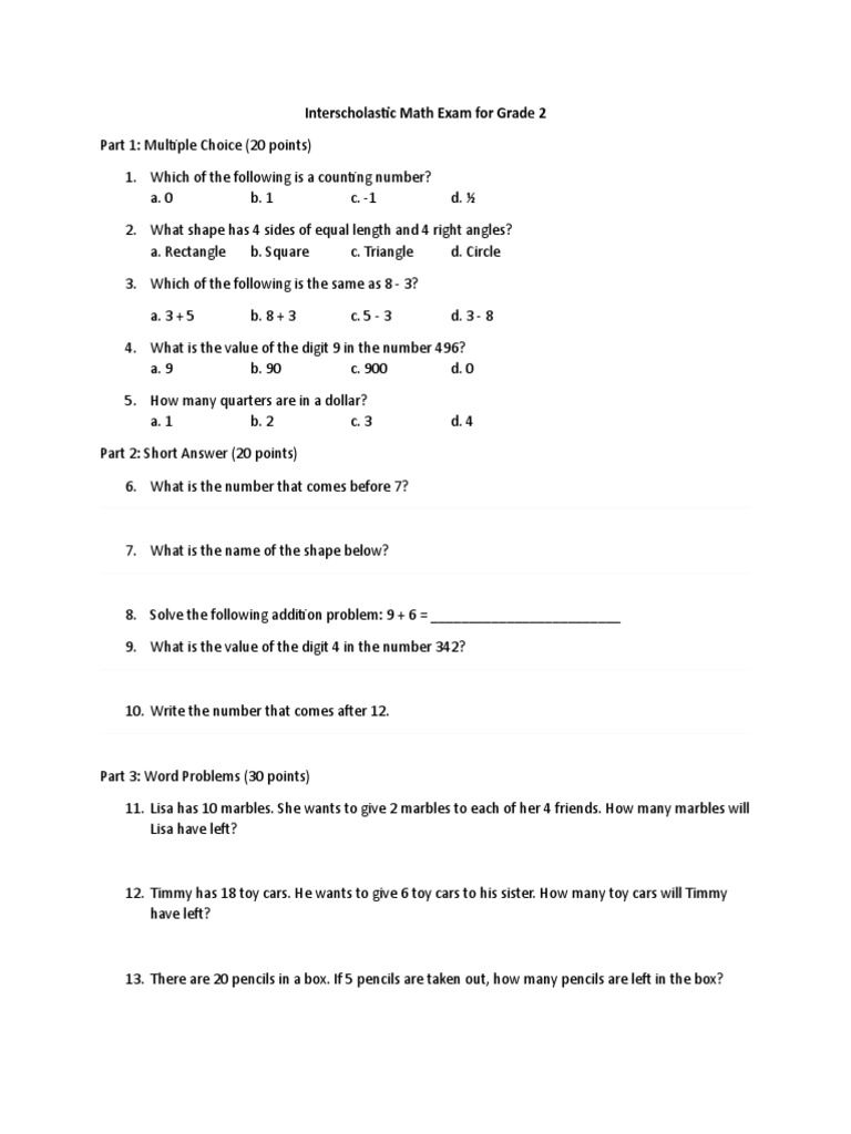 Grade 2 Interscholastic Math Exam | PDF